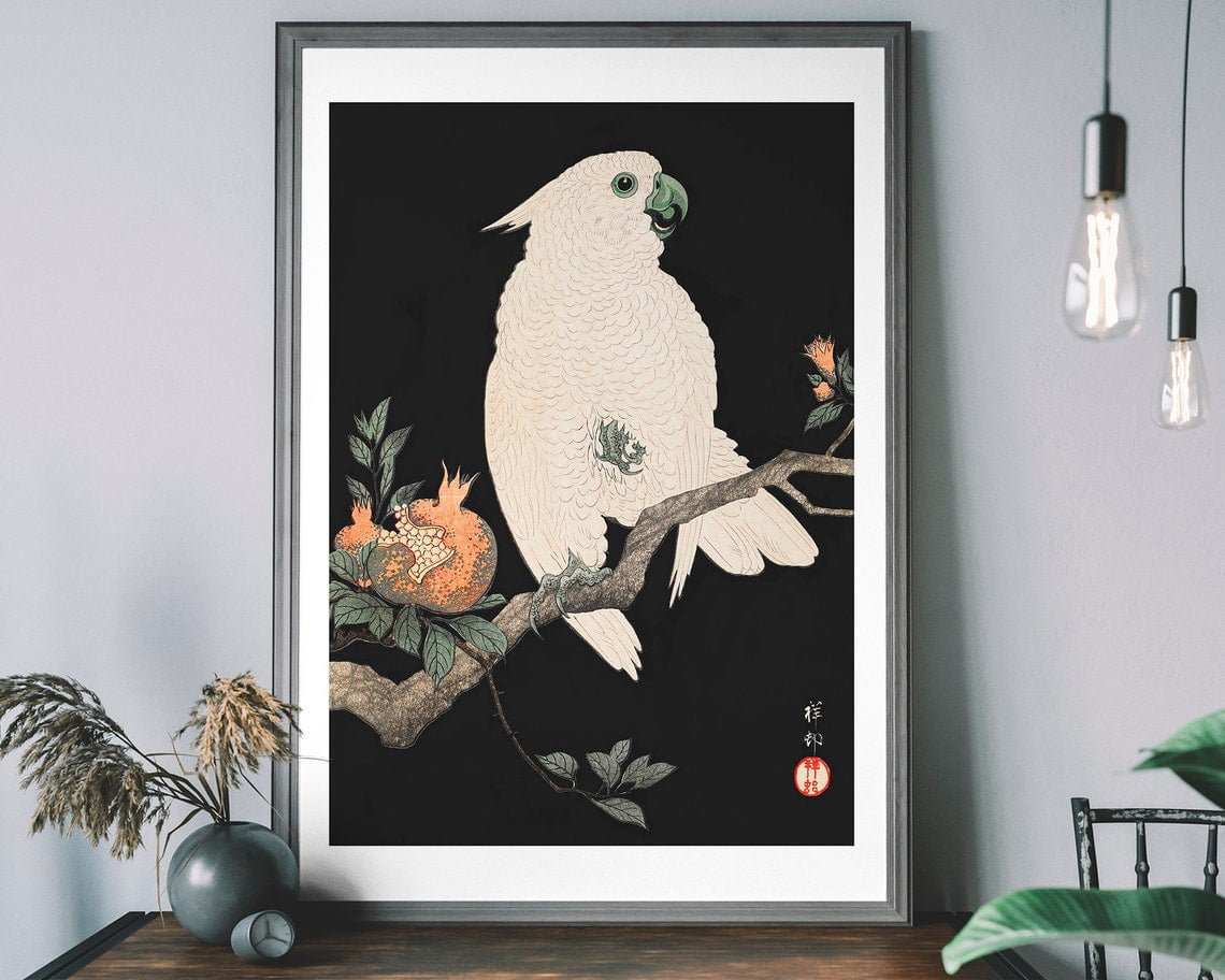 Japanese Bird Art Print, Cockatoo Parrot Illustration, Oriental Vintage ...