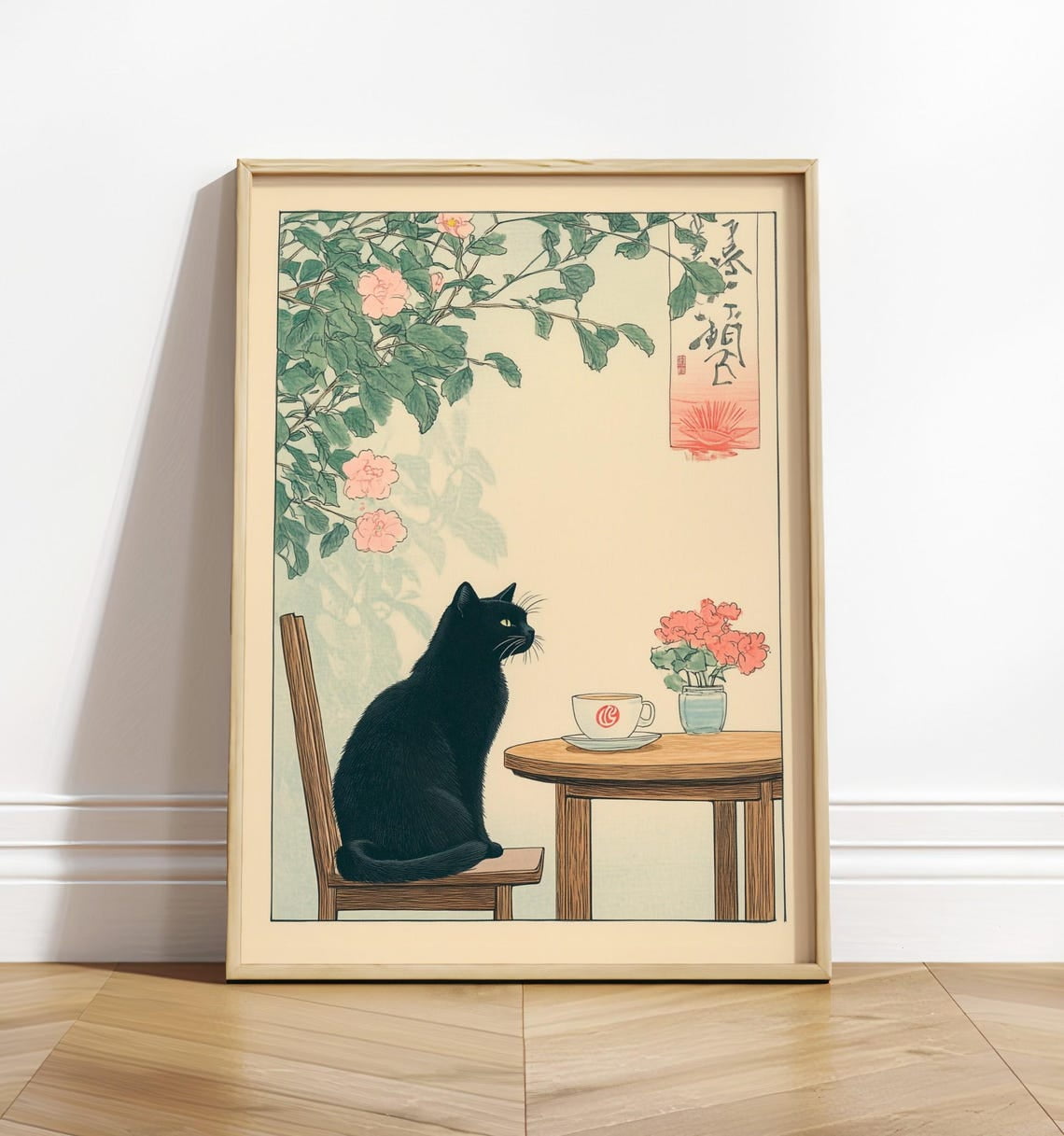 Japanese Black Cat Drinking Coffee, Minimalist Cafe Art Print, Ukiyo-E ...