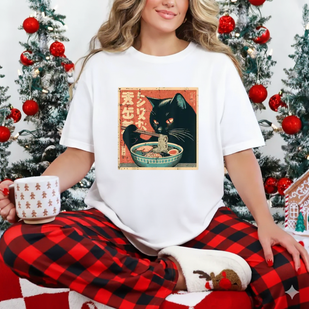 Japanese Black Cat Eating Ramen Cute Kitten Food Lover Unisex T-Shirt ...