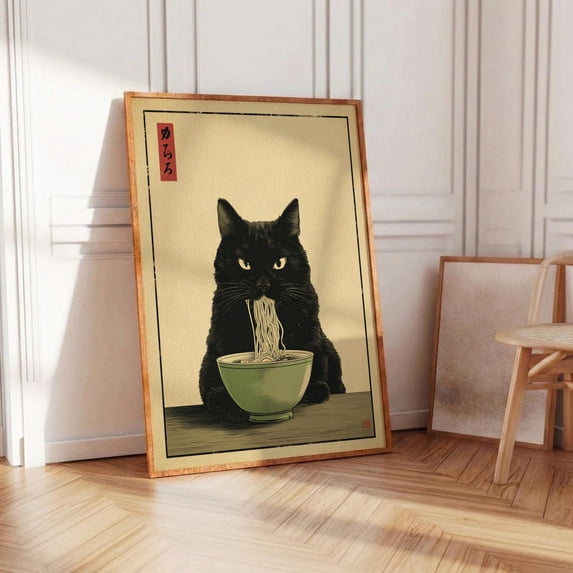 Japanese Black Cat Eating Ramen Vintage Ukiyo-e Woodblock Whimsical ...