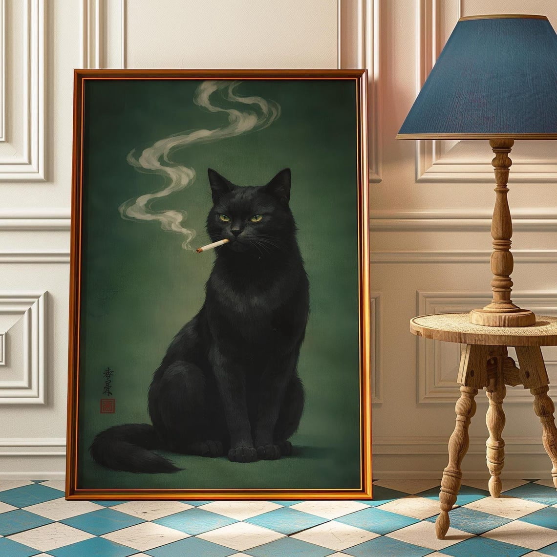 Japanese Black Cat Vintage Japandi Sage Green Poster Unframed Paper ...