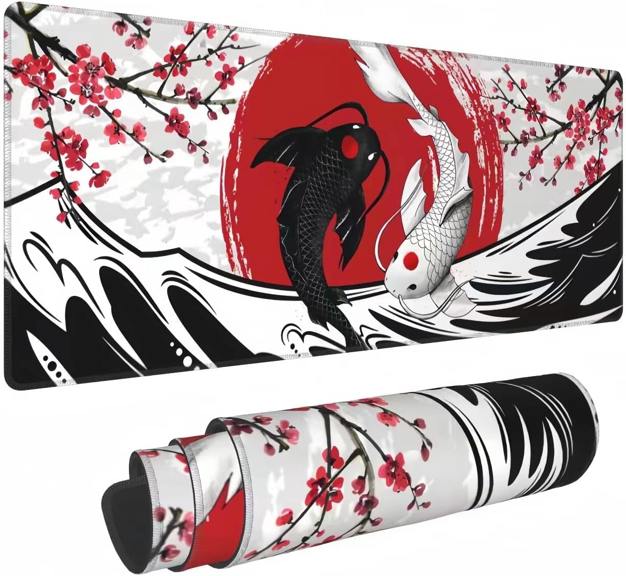 Japanese Black White Sea Wave Mouse Pad XXL Extended Yin Yang Koi Fish ...
