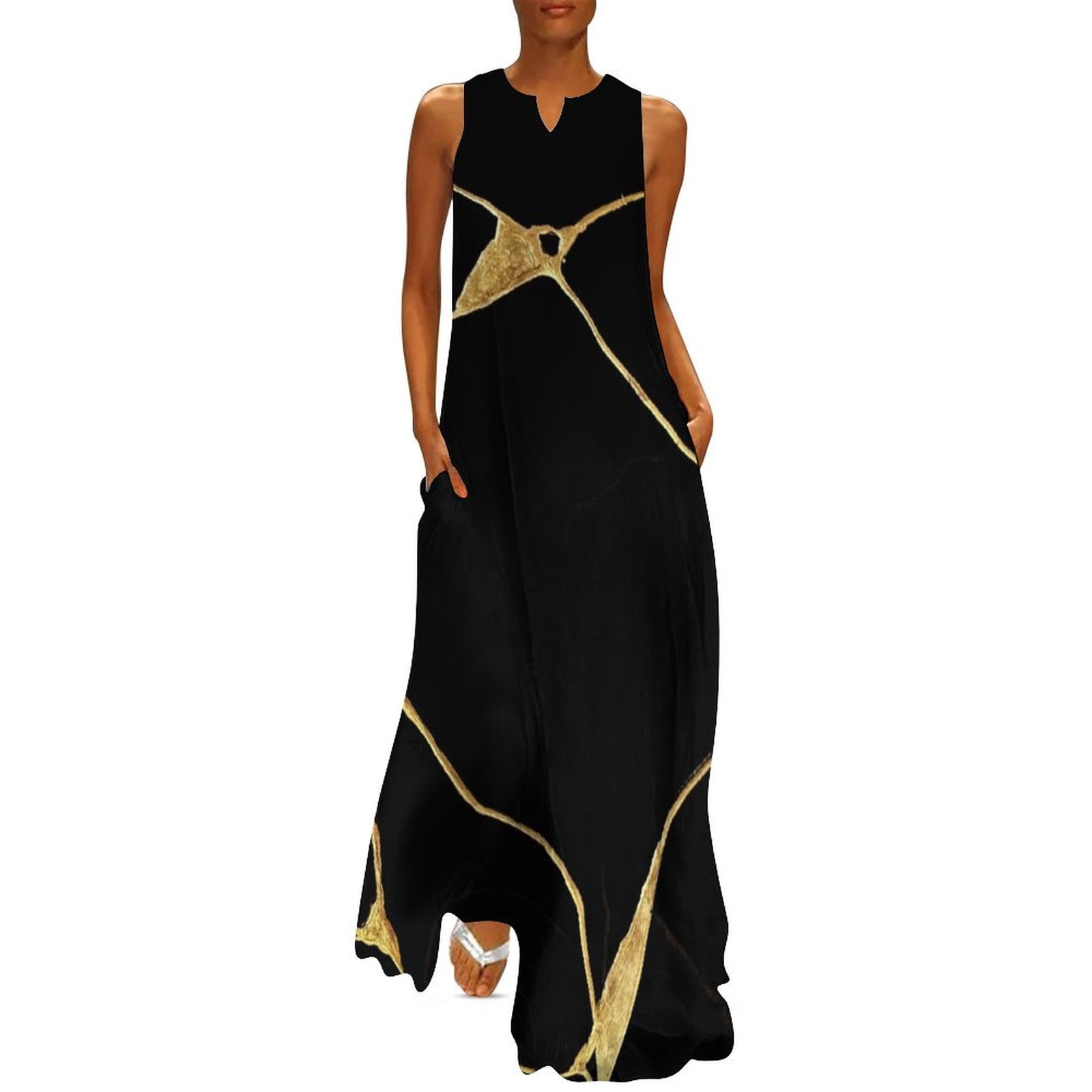 Japanese Black and Gold Kintsugi Art Long Dress dress for women summer ...