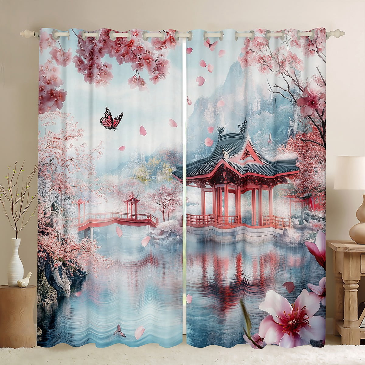 Japanese 30%-50% Blackout Curtains 42"Wx90"L Butterfly Cherry Blossom ...
