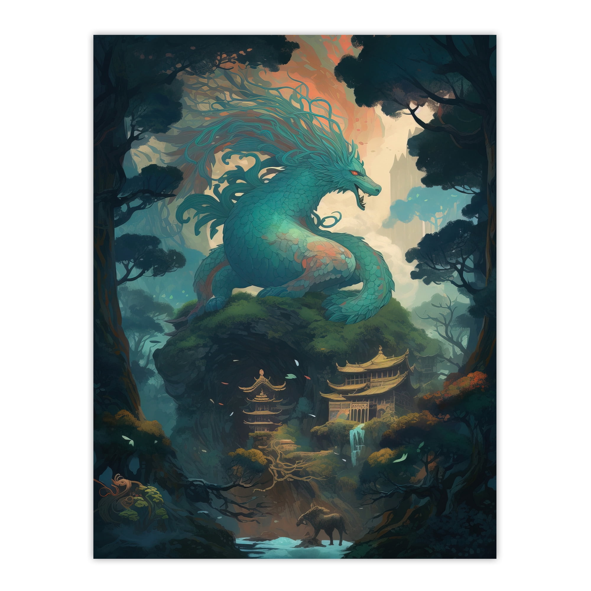 Japanese Blue Dragon over Temples Concept Art Painting Green Orange ...