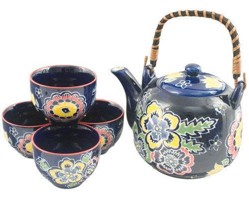 Japanese Botan Peony Flower Tea Set Ceramic Teapot with Rattan Handle ...