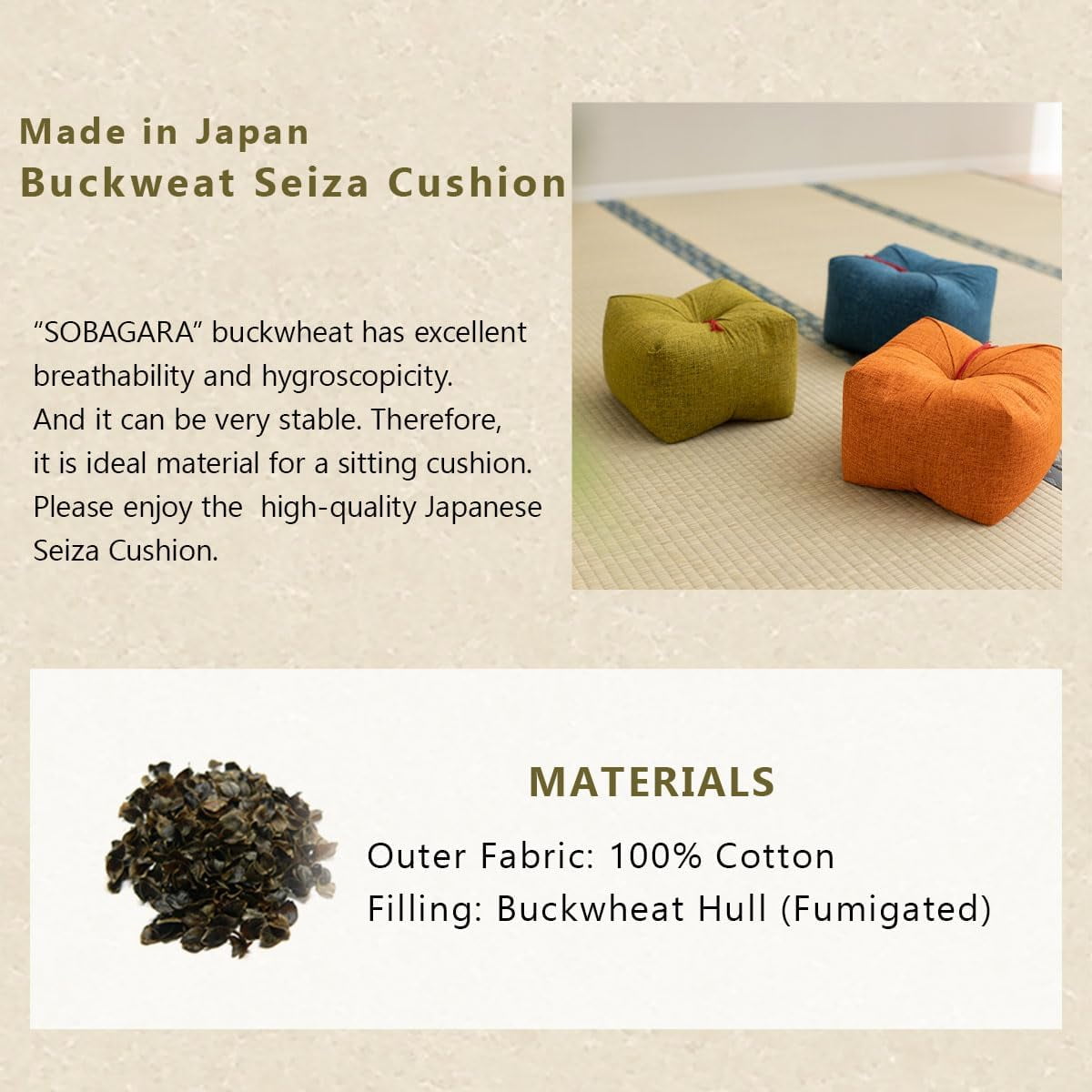 Japanese Buckwheat Hulls Seiza Cushion Medium 9x9x5in Made in Japan ...