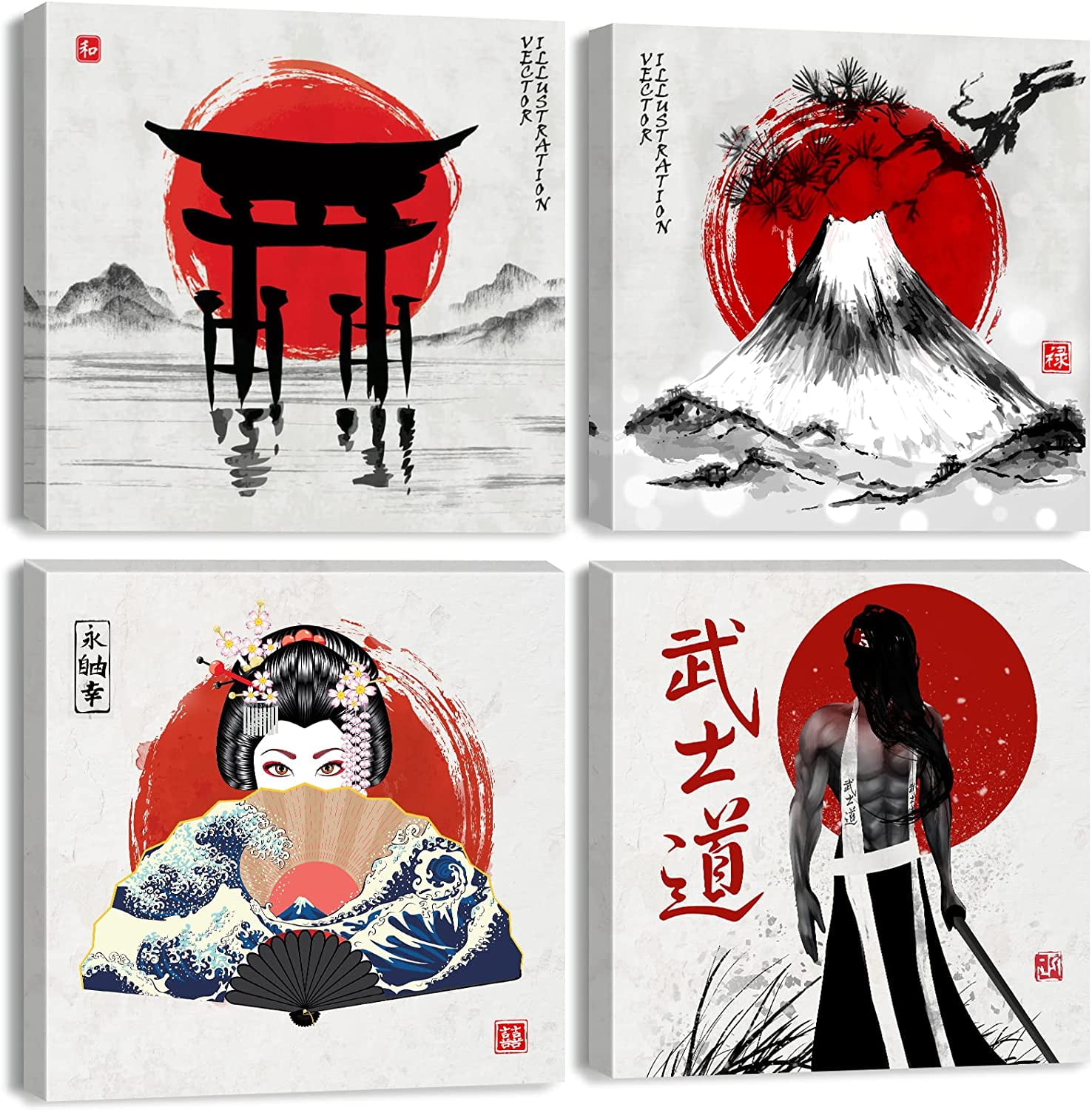Japanese Canvas Wall Art Black and White Red Wall Decor Japanese ...