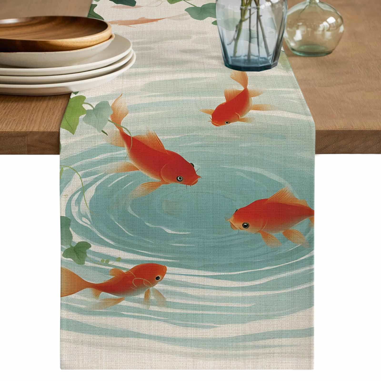 Japanese Carp Fish Cotton Linen Table Runner for Dining Kitchen ...