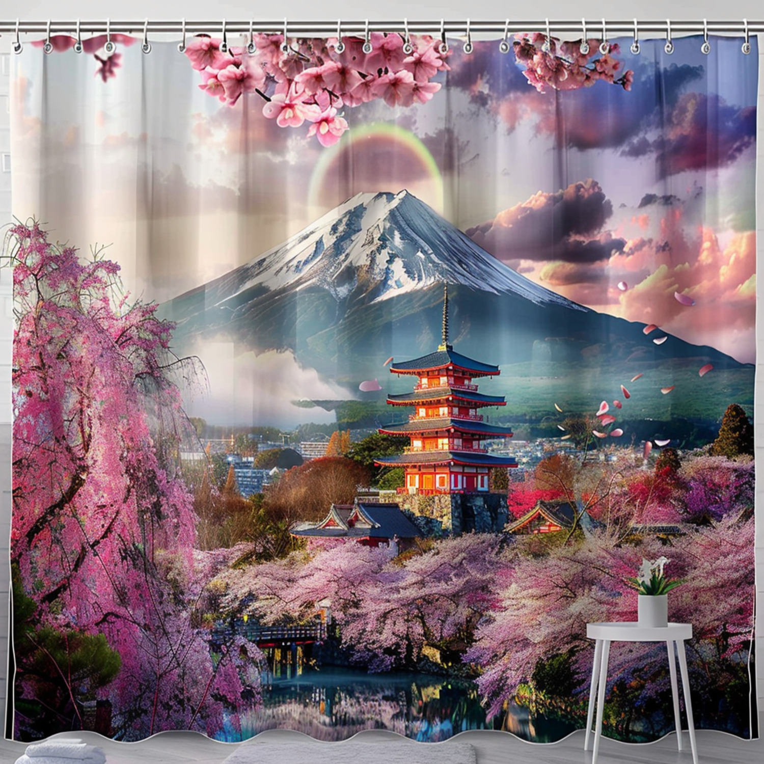 Japanese Castle Cherry Blossom Shower Curtain Colorful Mountain View ...