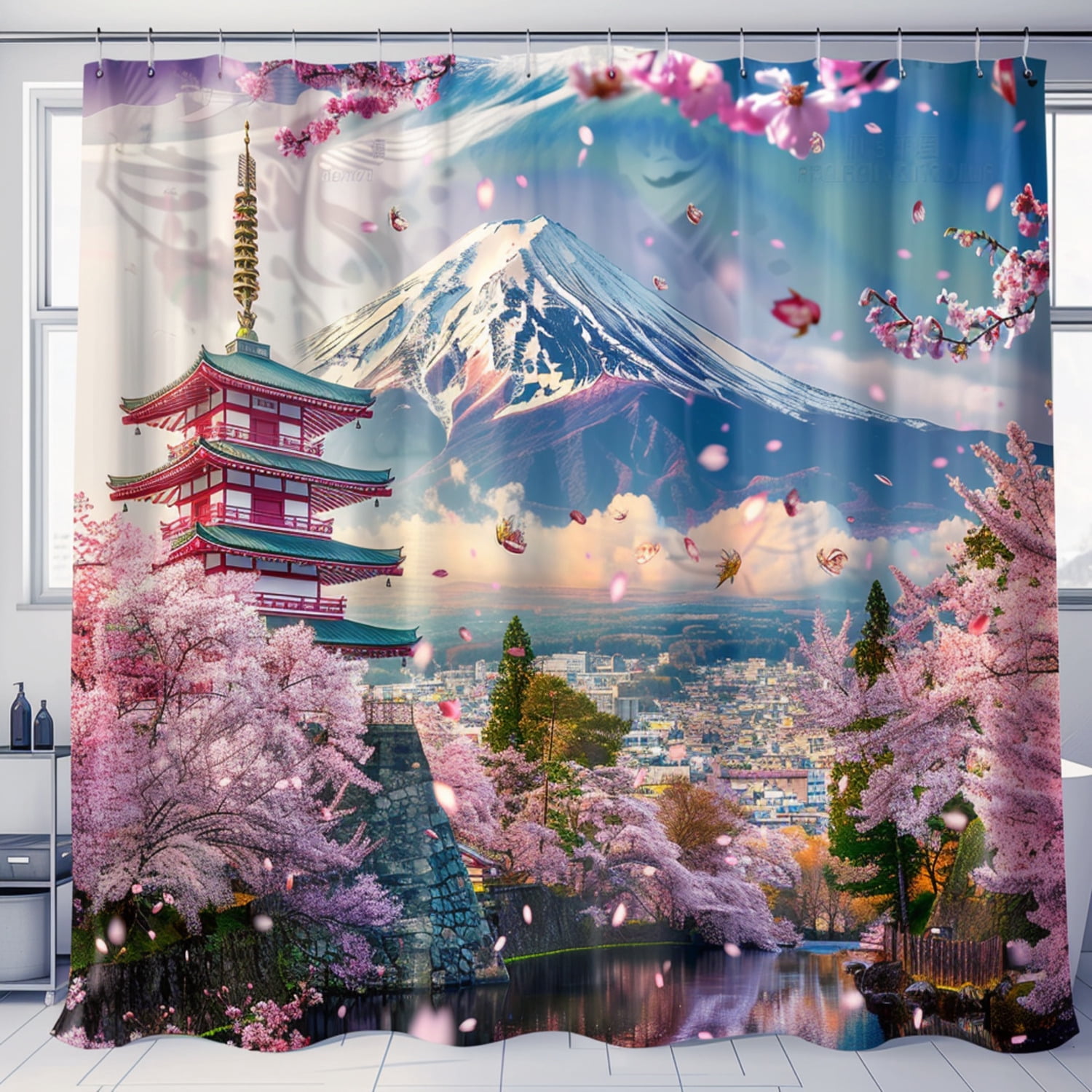 Japanese Castle and Mount Fuji Shower Curtain Stunning Cherry Blossom ...