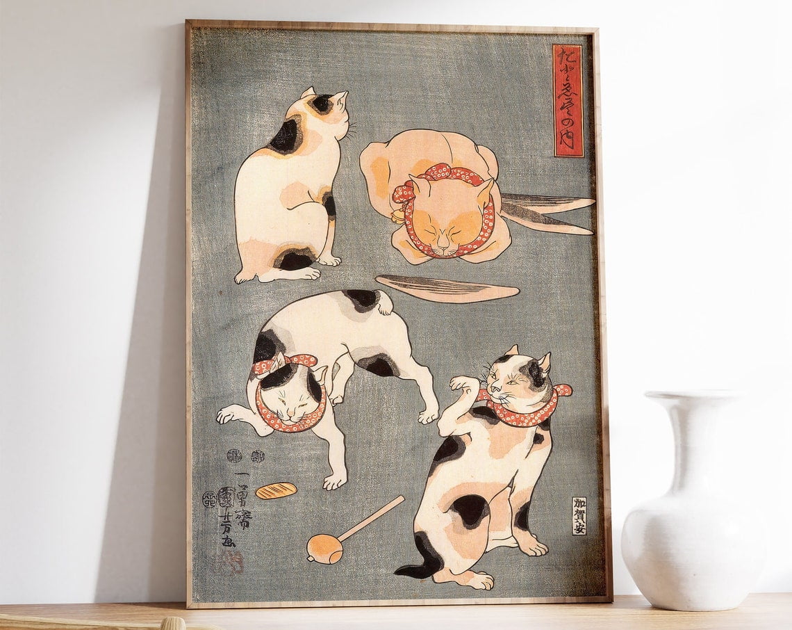 Japanese Cat Poster, Utagawa Kuniyoshi Four Cats In Different Poses ...