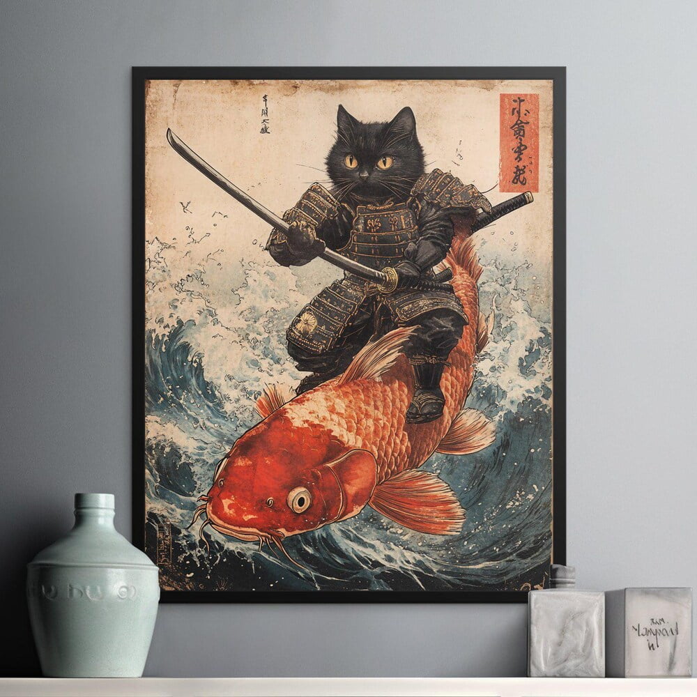 Japanese Cat Samurai Riding Koi Fish Art Print, Fantasy World Animal ...