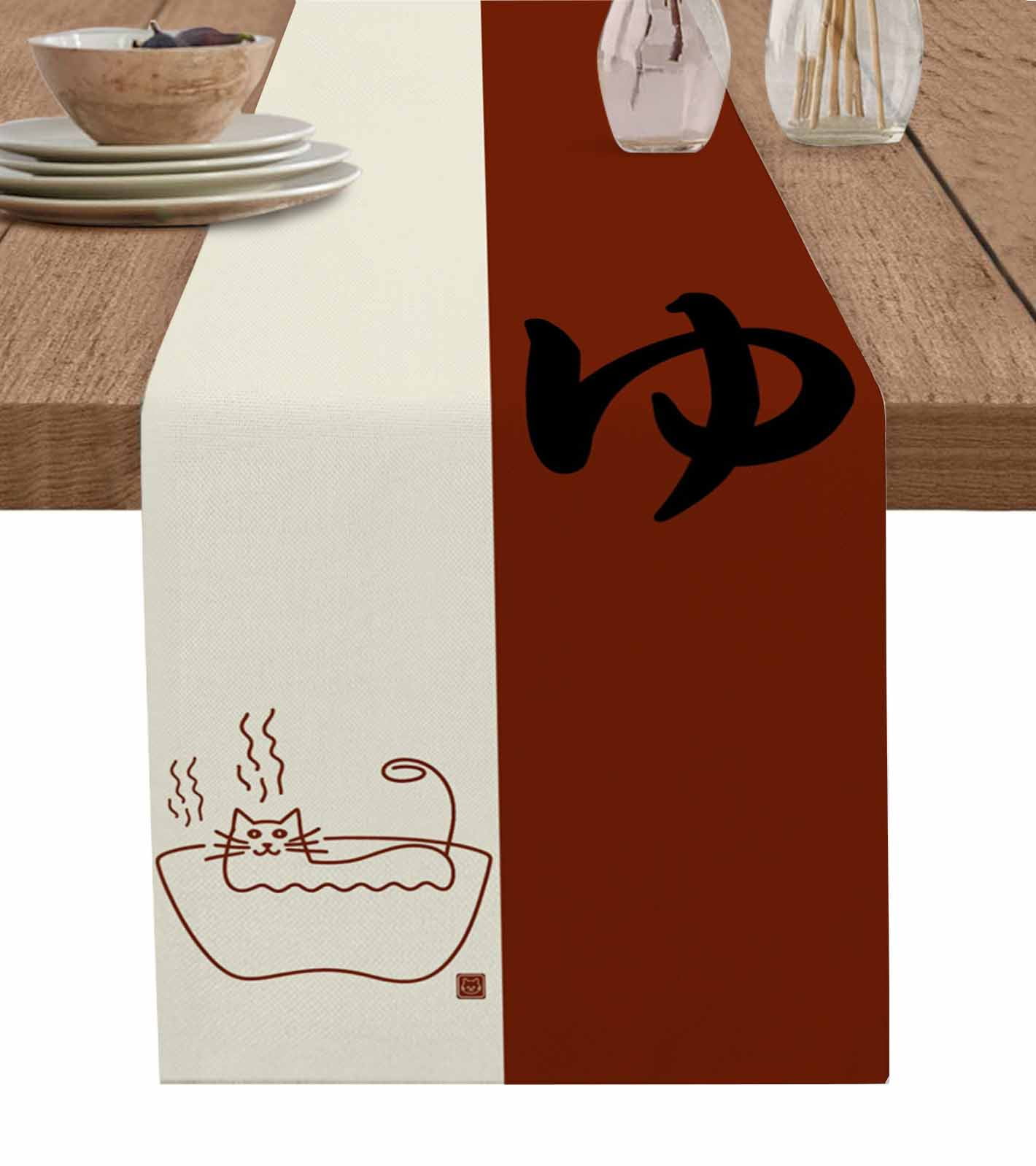 Japanese Cat Table Runner 108 Inches, Modern Minimalist Cartoon Brown ...