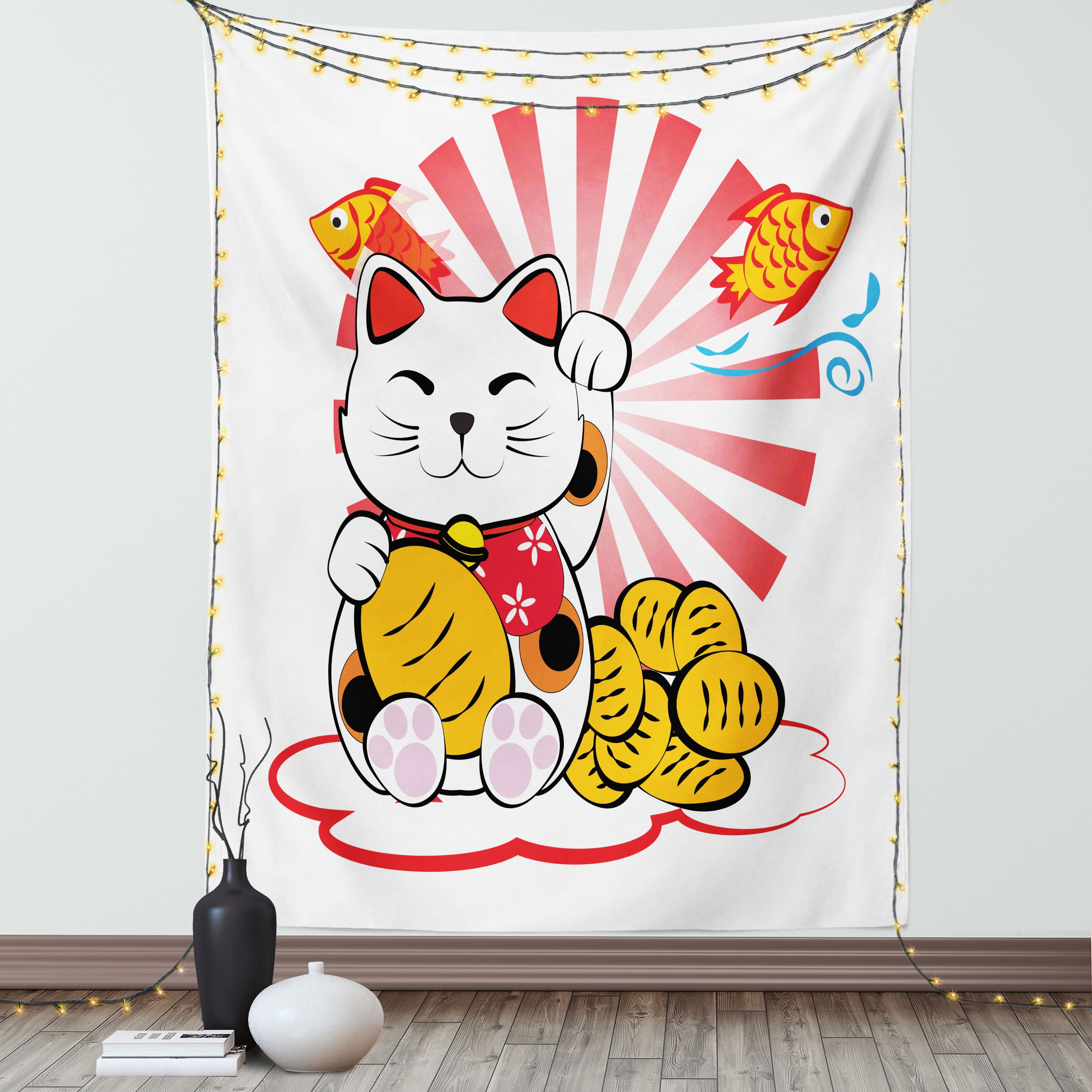 Japanese Cat Tapestry, Kitten Lover Maneki Neko Fishbones Lucky Cat on ...