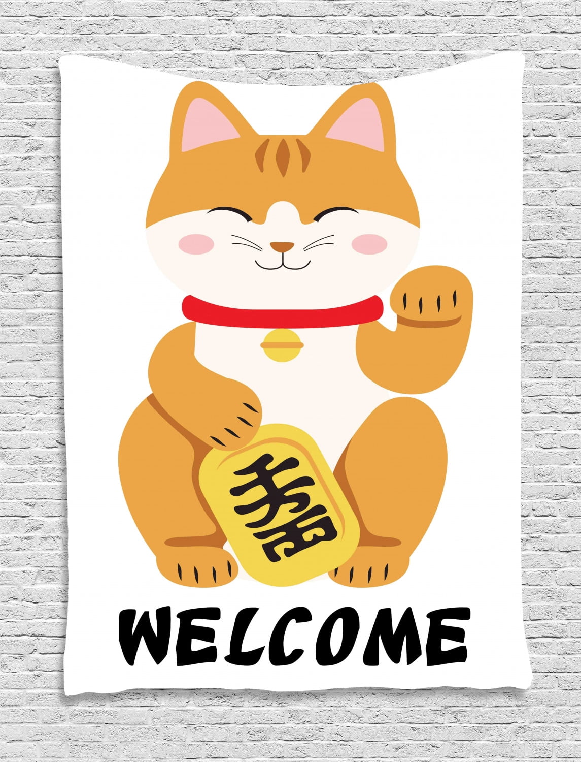 Japanese Cat Tapestry, Welcome Luck Cat Maneki Neko Meow Illustrated ...