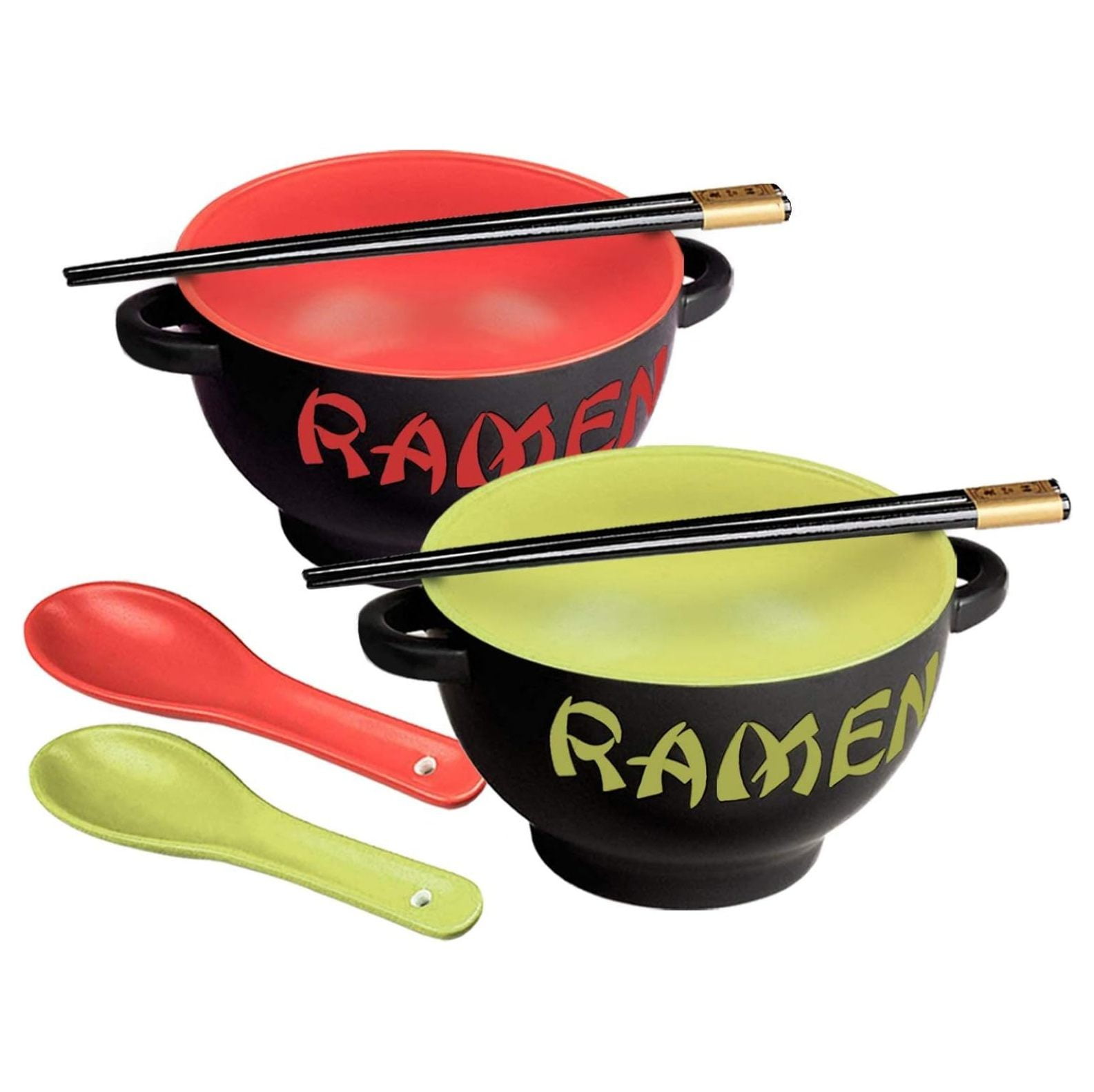 Japanese Ceramic Ramen Bowl Set of 2 - Soup Spoon and Chopsticks - Serving Bowls for Noodle ...
