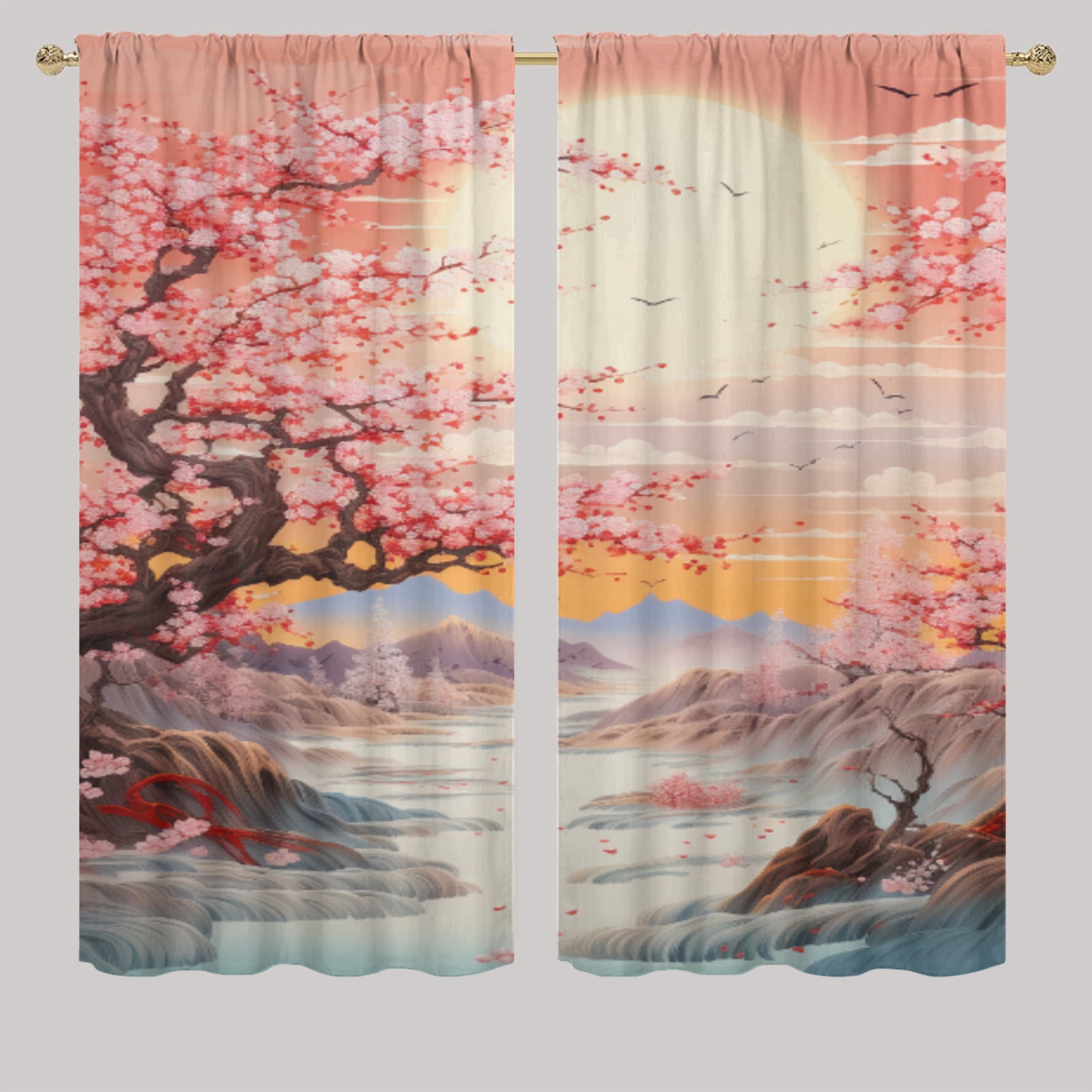 Japanese Cherry Blossom Blackout Curtains Set Pink Purple Mountain Moon ...