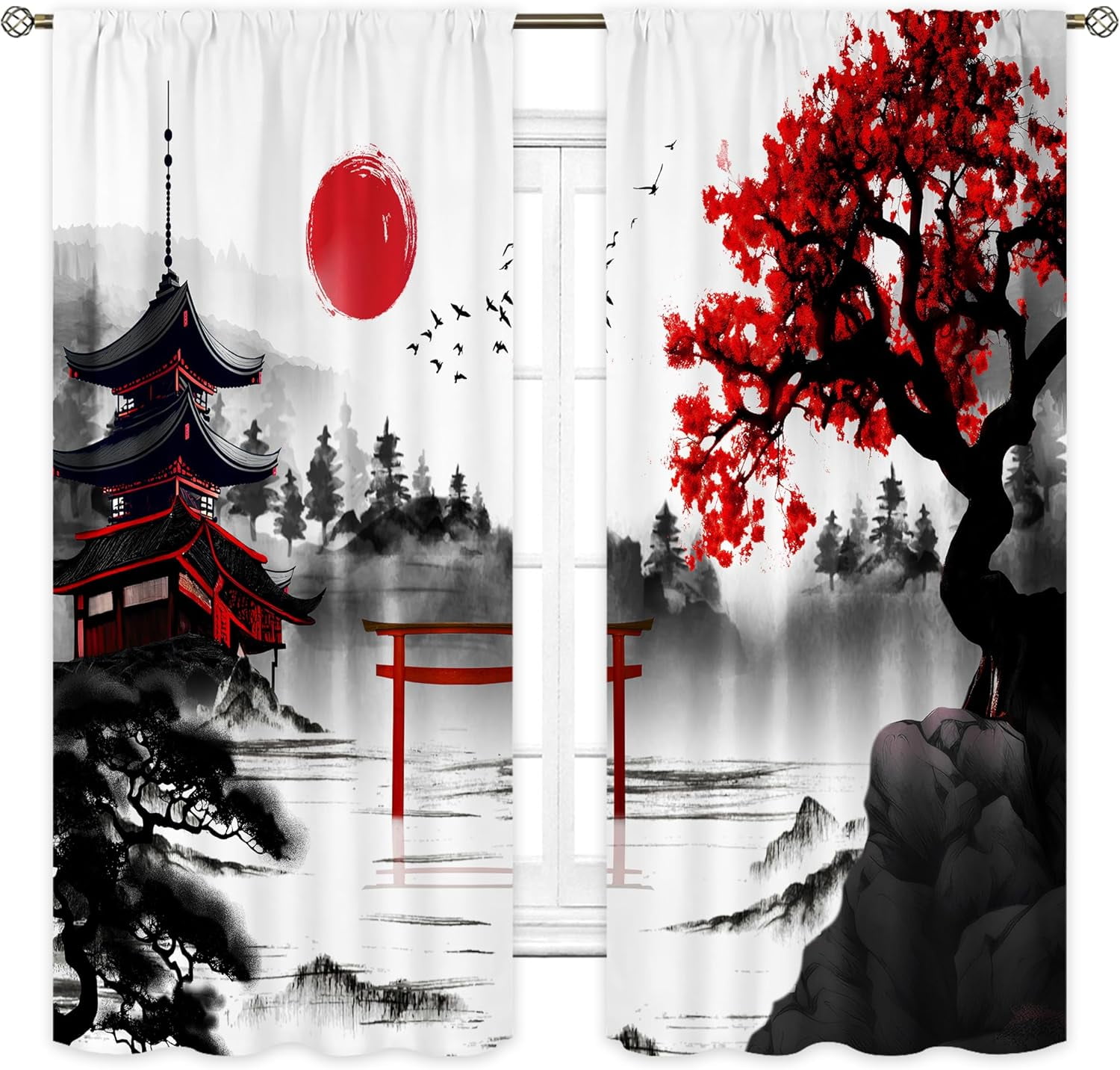 Japanese Cherry Blossom Curtains 42Wx63H Inch Rod Pocket Black Red ...