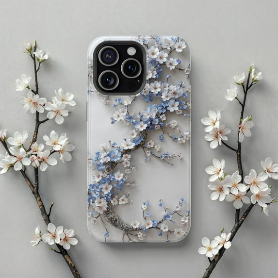 Japanese Cherry Blossom Phone Case Blue White Sakura for iPhone 17 16 ...