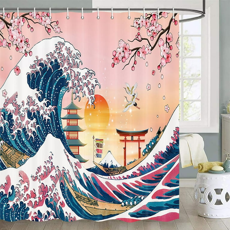 Japanese Cherry Blossom Shower Curtain Asian Japanese Shower Curtain Mount Red Sun Shower Curtain for Bathroom Set with Hooks 72X72inch