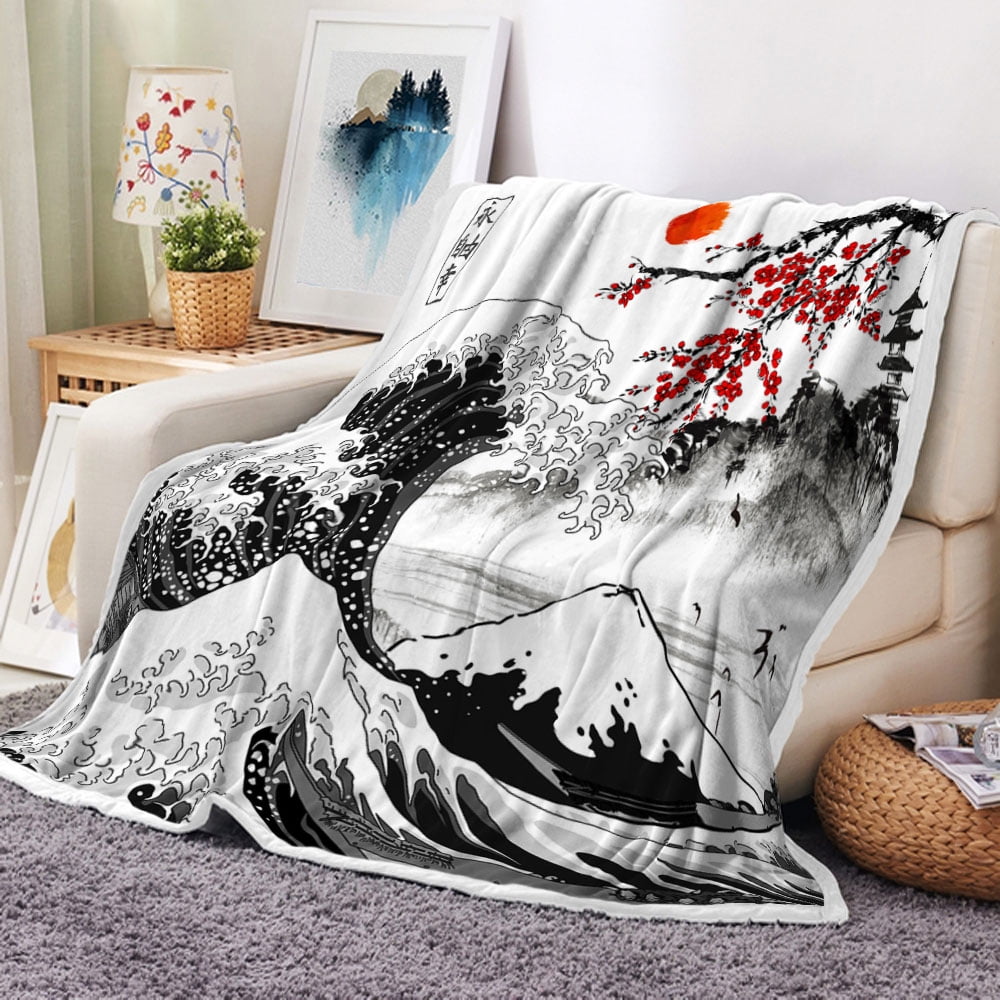 Japanese Cherry Blossom Throw Blanket, Asian Japanese Wave Tapestry ...