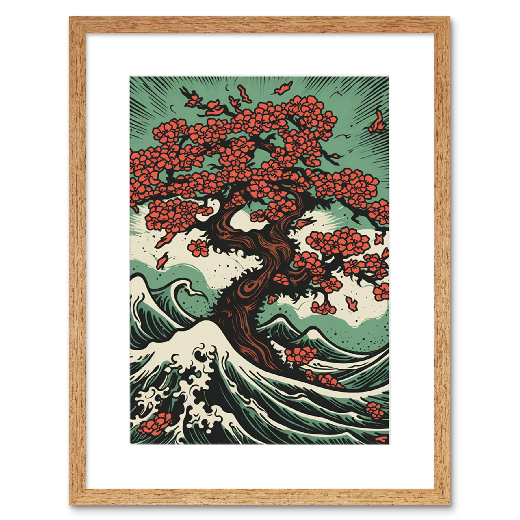 Japanese Cherry Blossom Tree and Wavy Sea Rockabilly Americana 50s ...