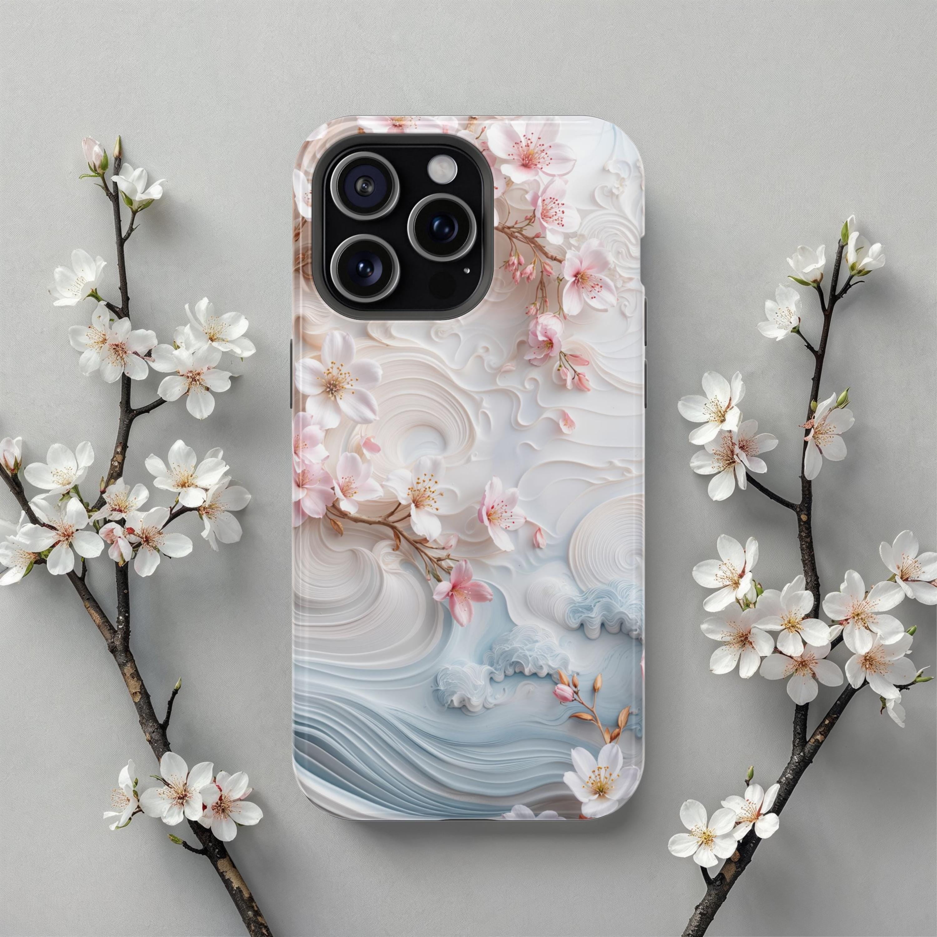Japanese Cherry Blossom Wave Phone Case 3D Sakura Ocean Art for iPhone ...