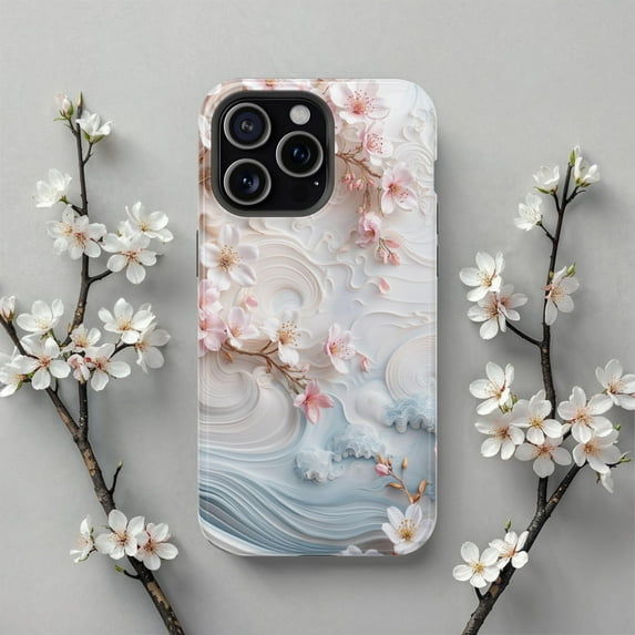 Japanese Cherry Blossom Wave Phone Case 3D Sakura Ocean Art for iPhone ...