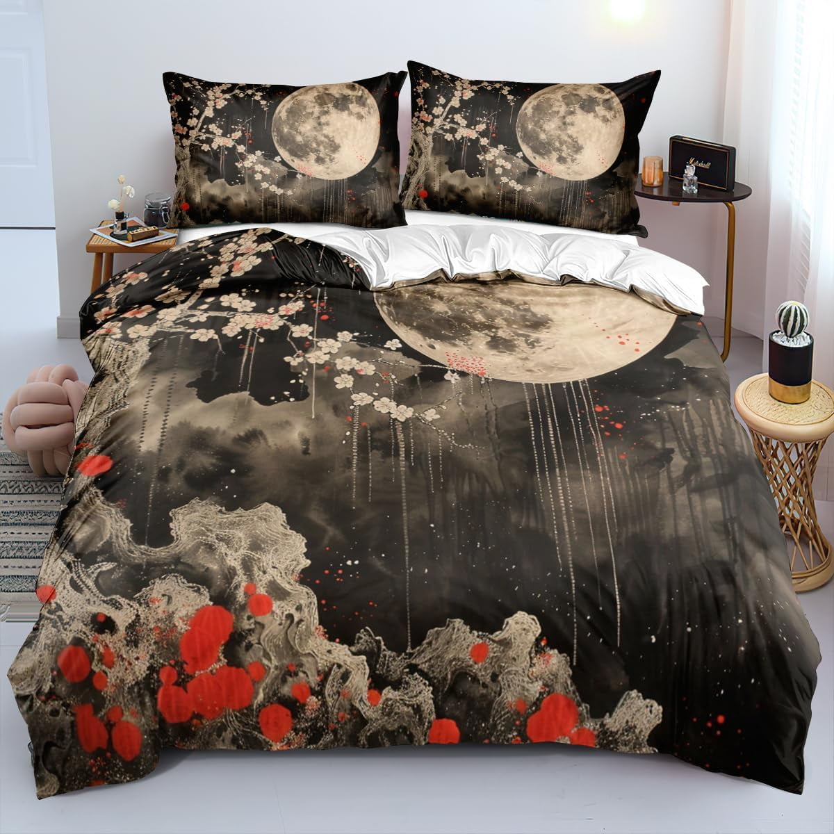 Japanese Cherry Blossoms Comforter Cover Moonlight Duvet Cover Ukiyoe ...