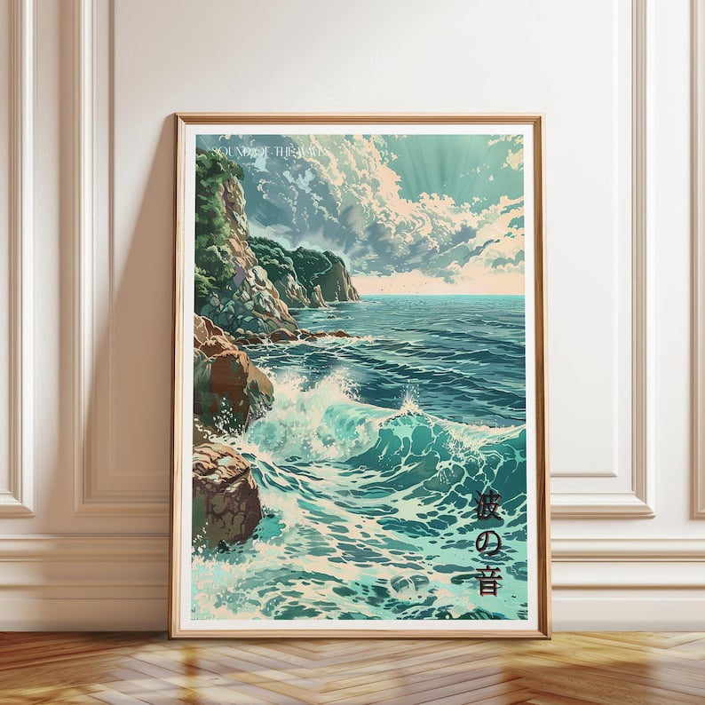 Japanese Coastal Blue Ocean Waves Rocky Cliffs Wall Art Print, Unframed ...