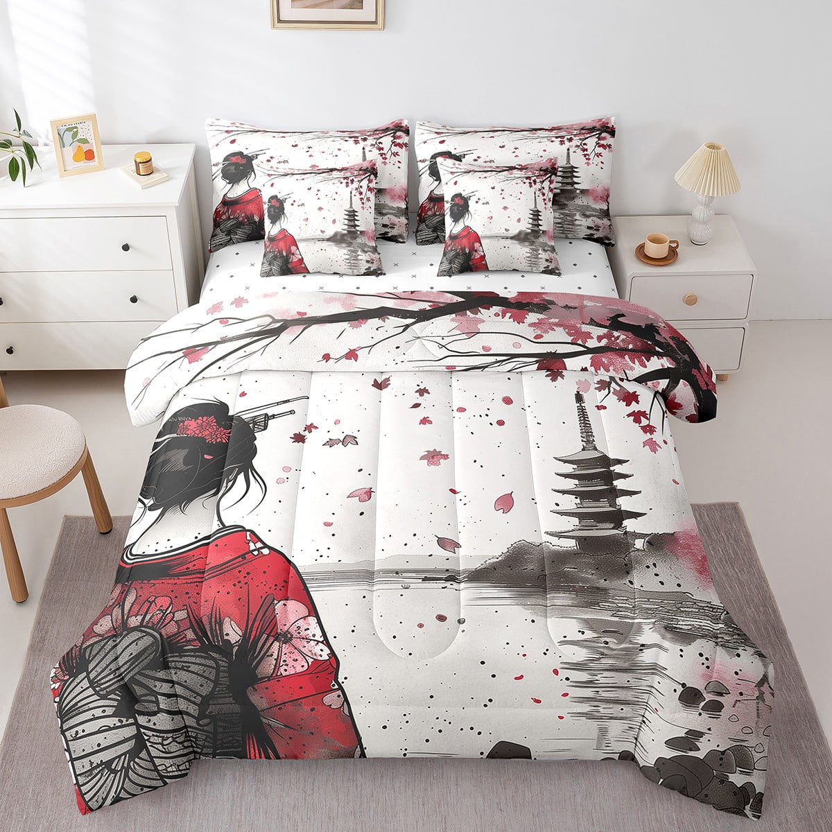 Japanese Comforter Set 7-Piece Ukiyo Style Full Bedding Set Geisha ...