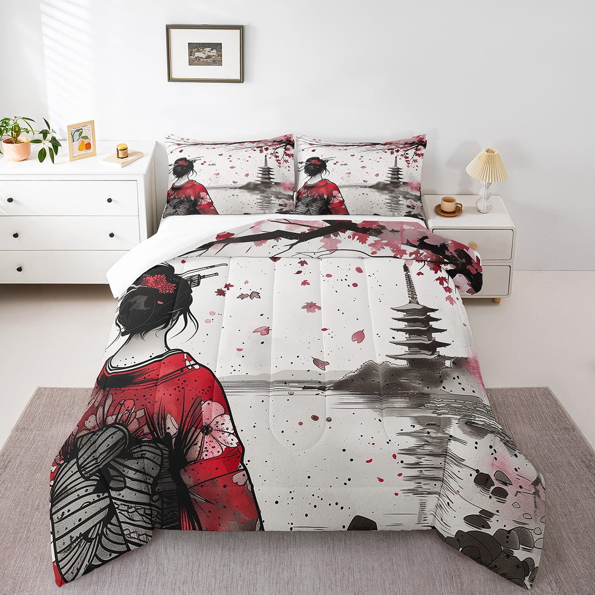 Japanese Comforter Set Ukiyo Style Bedding Set Geisha Cherry Blossom ...