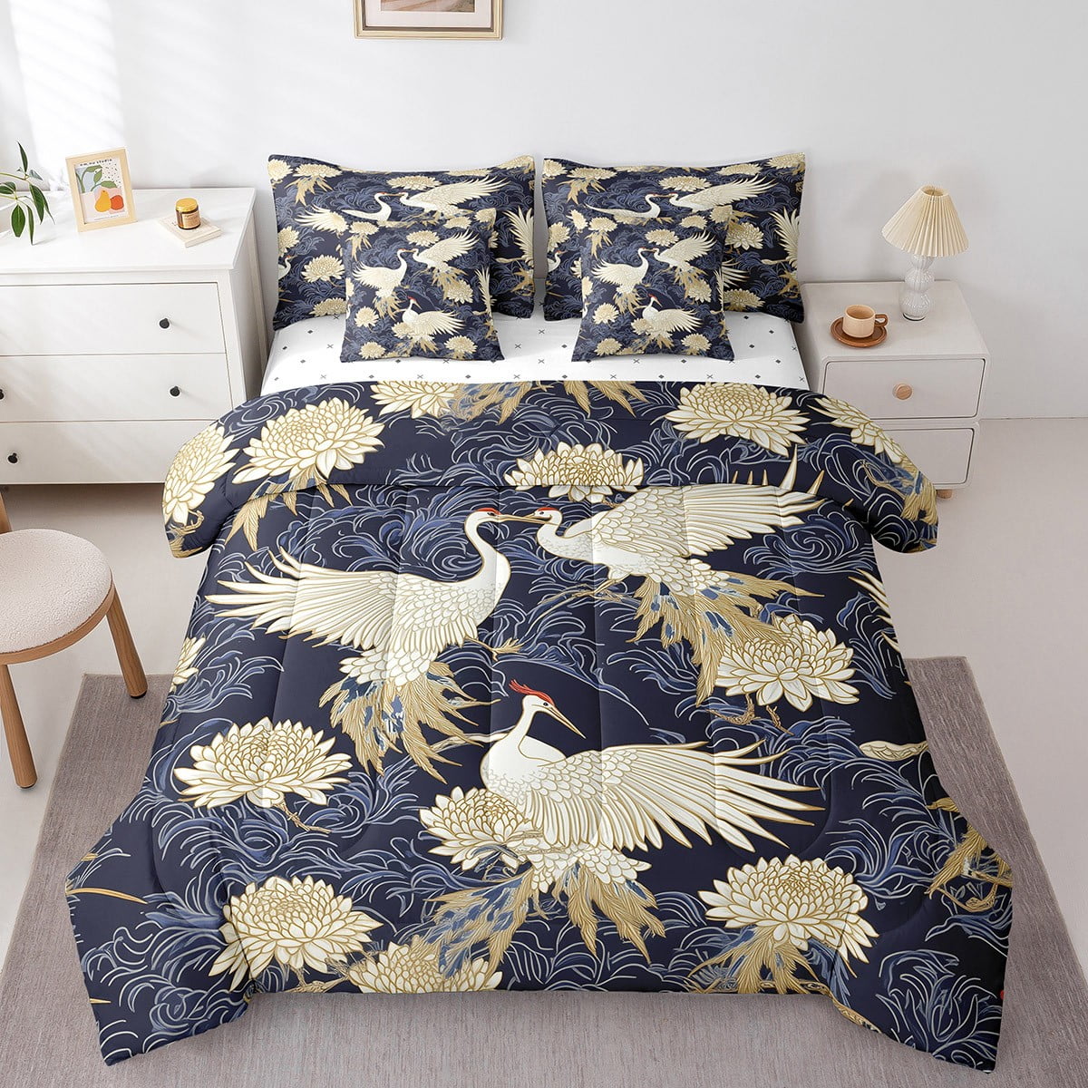 Japanese Crane 7Pcs Comforter Set King Size,Vintage Flower Leaves Bedding Set,Animals Plant ...