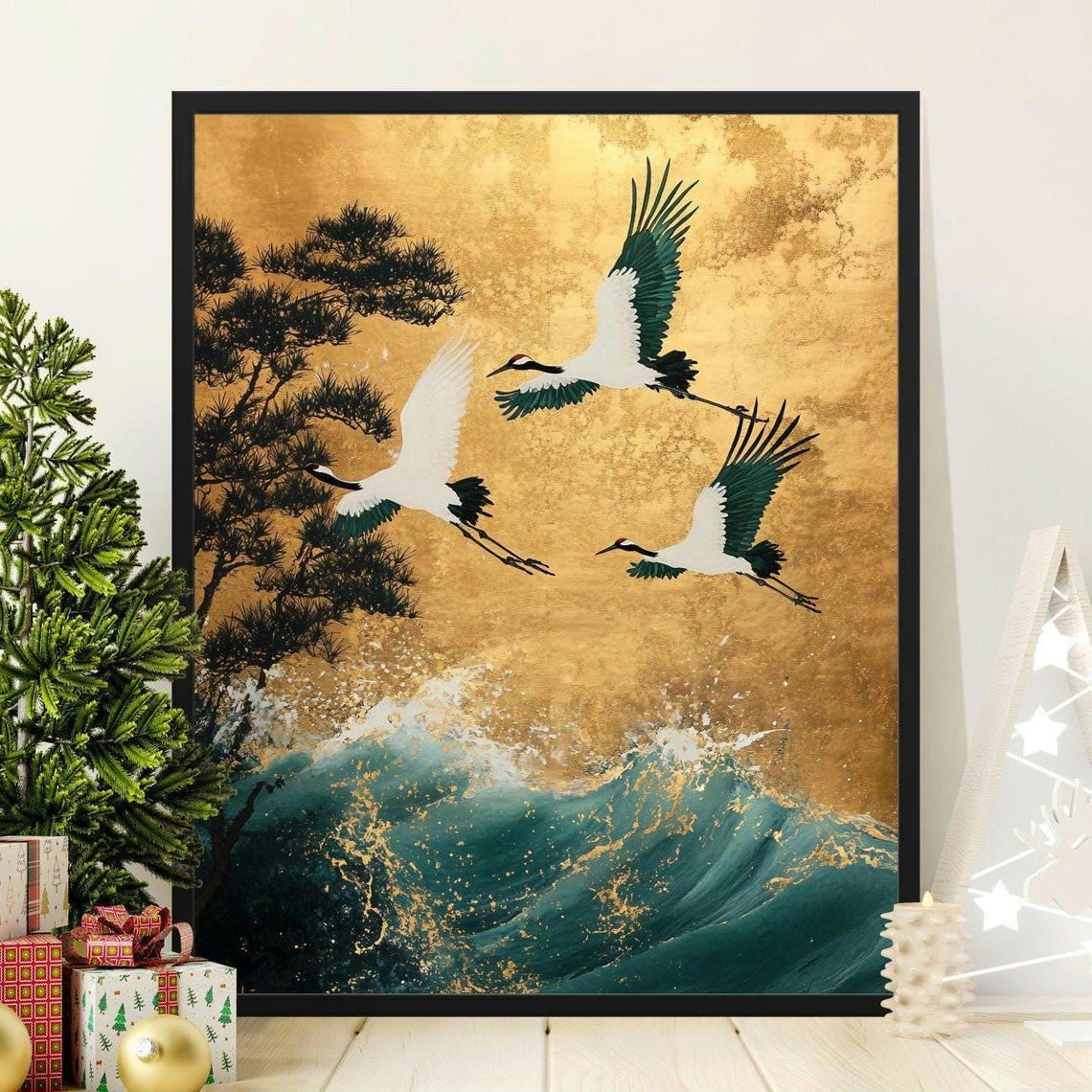 Japanese Crane Art Print, Elegant Gold Background Poster, Japanese Wall ...
