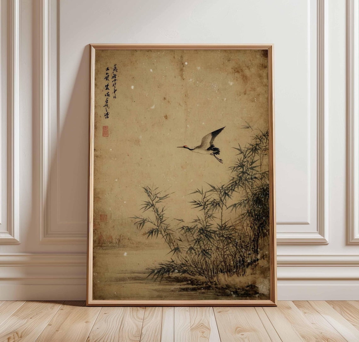 Japanese Crane Bamboo Traditional Ink Wash Vintage Nature Scene ...
