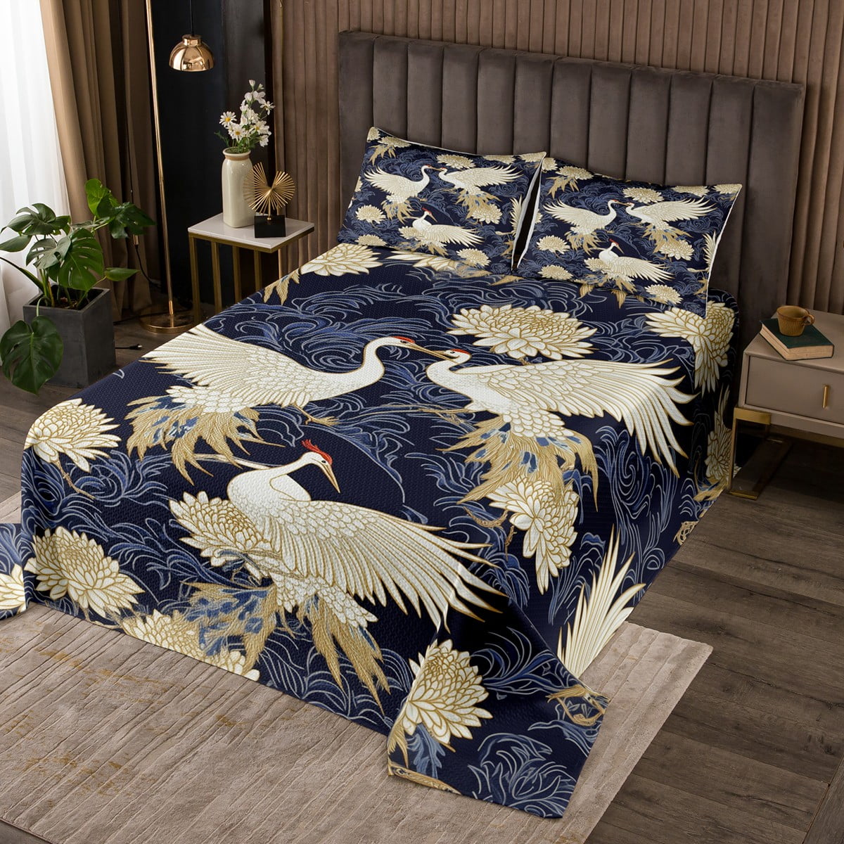 Japanese Crane Bedspread King Size,Vintage Flower Leaves Bedding Set ...