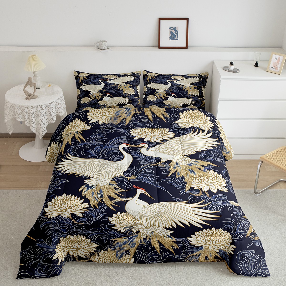Japanese Crane Comforter Set King Size,Vintage Flower Leaves Bedding ...
