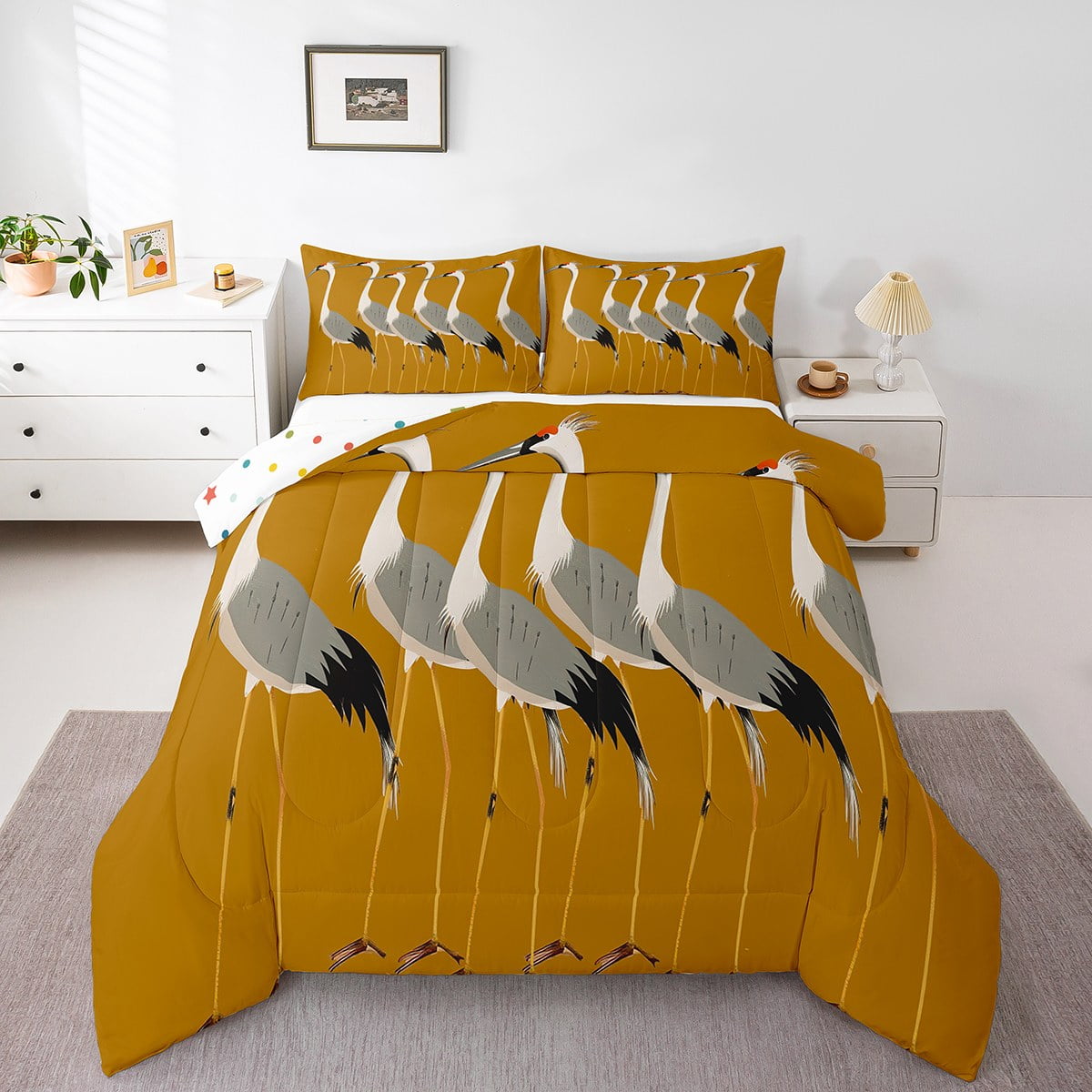 Japanese Crane Comforter Set Twin Size,Natural Lake Amphibian Wild Animal Yellow Bedding Set ...