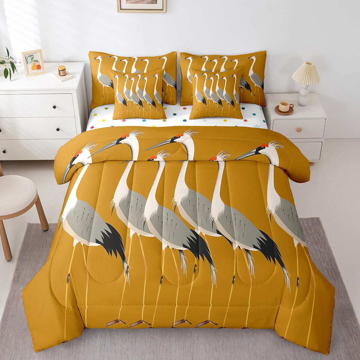 Japanese Crane Full Bedding Set 7 Pieces,Natural Lake Amphibian Wild Animal Yellow Comforter Set ...