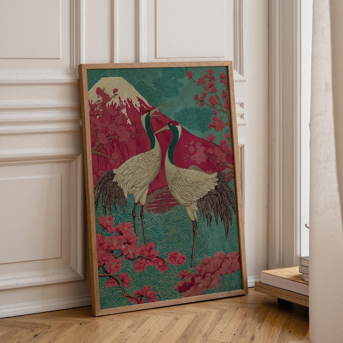 Japanese Crane Mount Fuji Sakura Cherry Blossom Japandi Zen Wall Art ...