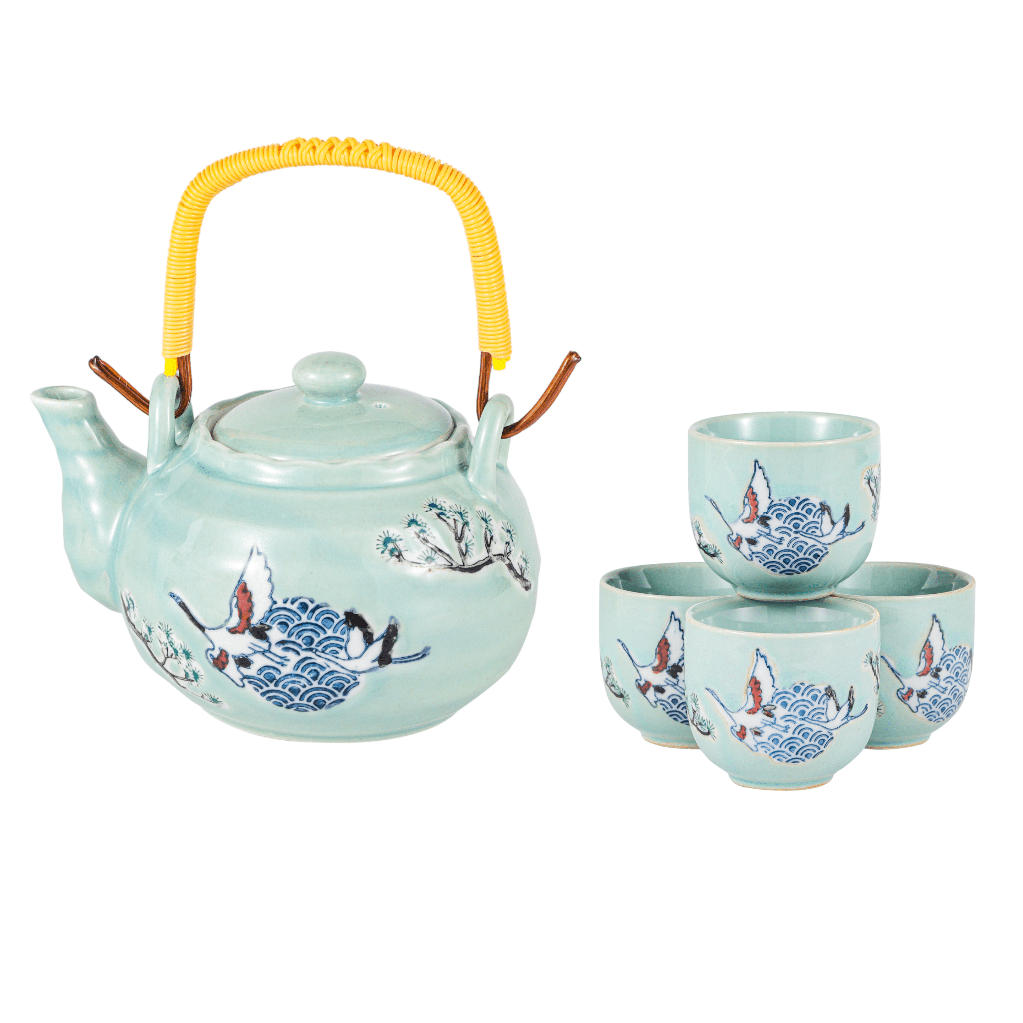 Japanese Crane Porcelain Tea Set 20 fl oz Teapot with 4 Cups Sky Blue ...