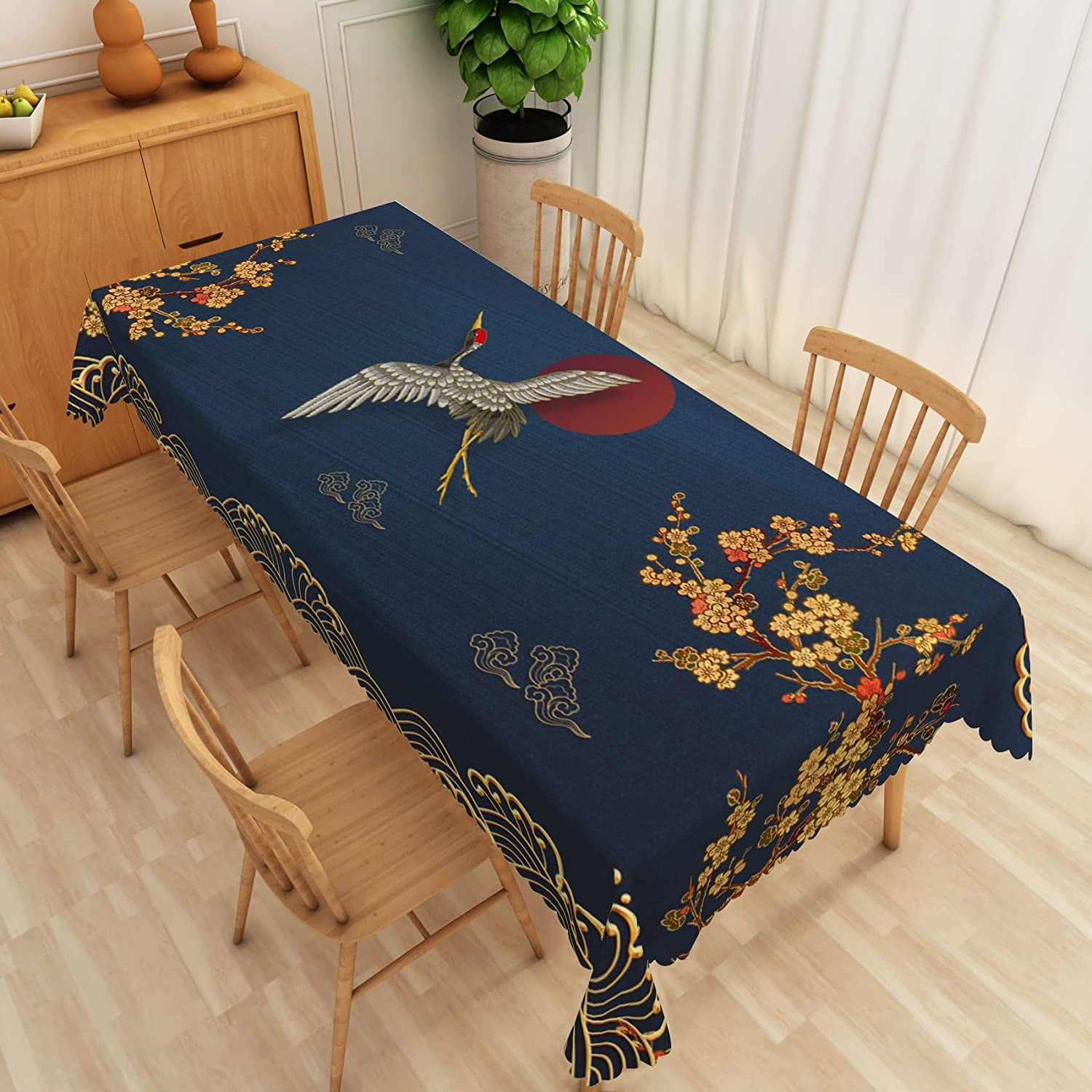 Japanese Crane Tablecloth,60x120 Inch Gold Cherry Blossom Clouds Red ...