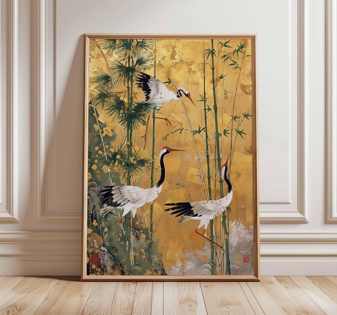 Japanese Crane Traditional Asian Wall Art Gold Bamboo Oriental Decor ...