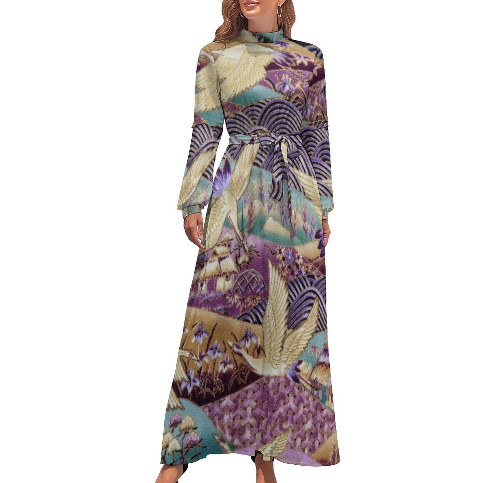 Japanese Crane kimono style embroidered pattern Long Dress elegant chic ...