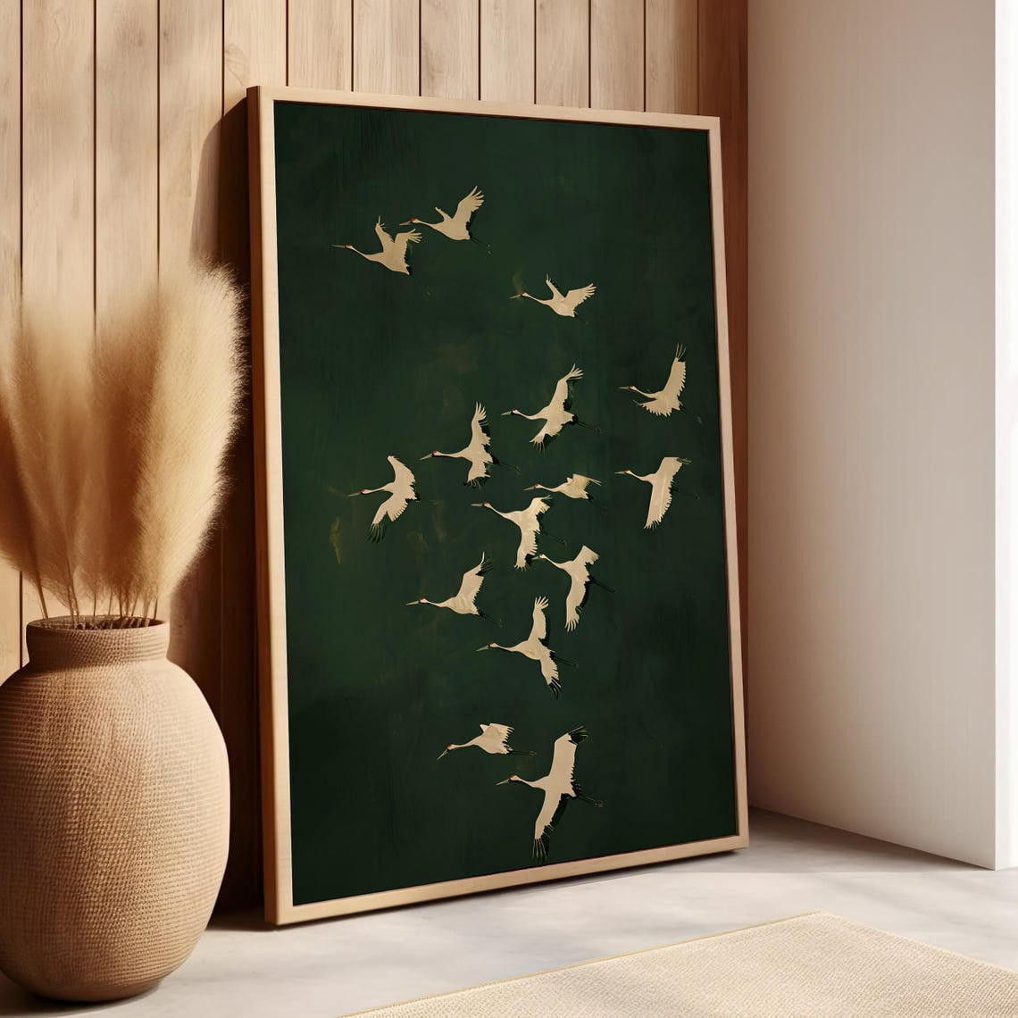 Japanese Cranes Flight Emerald Green Gold Vintage Bird Art, Unframed ...