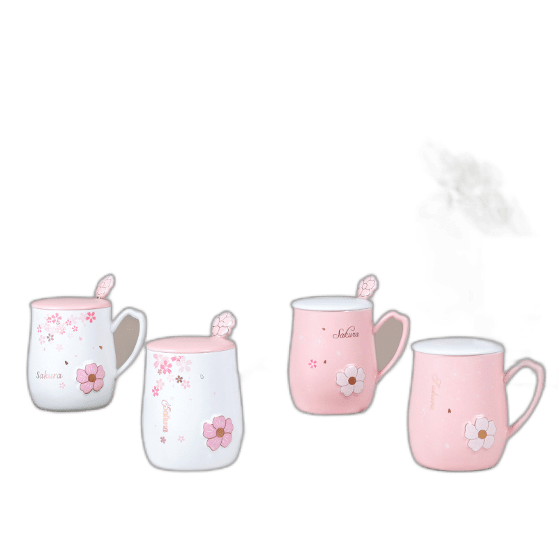 Japanese Creative Embossed Cherry Blossom Ceramic Mug With Lid Spoon ...