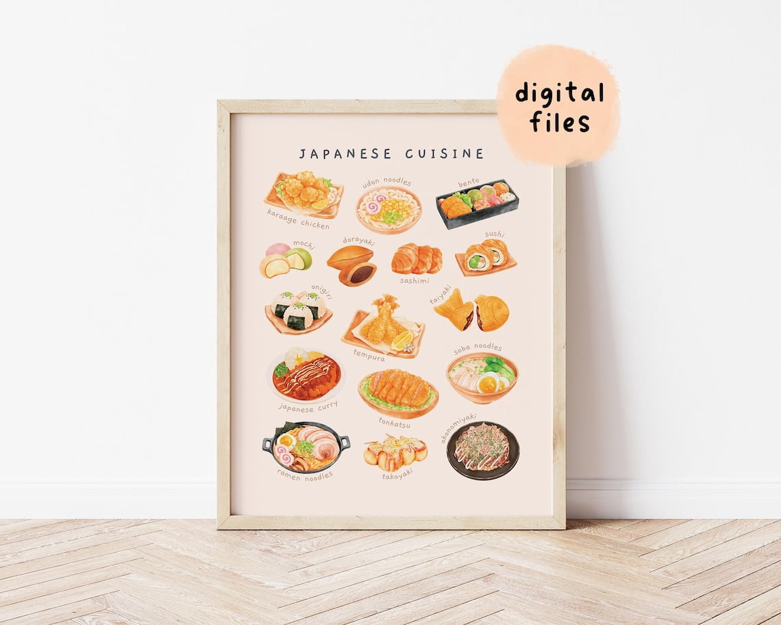 Japanese Cuisine Kitchen Wall Art, Watercolor Food Illustration Poster ...