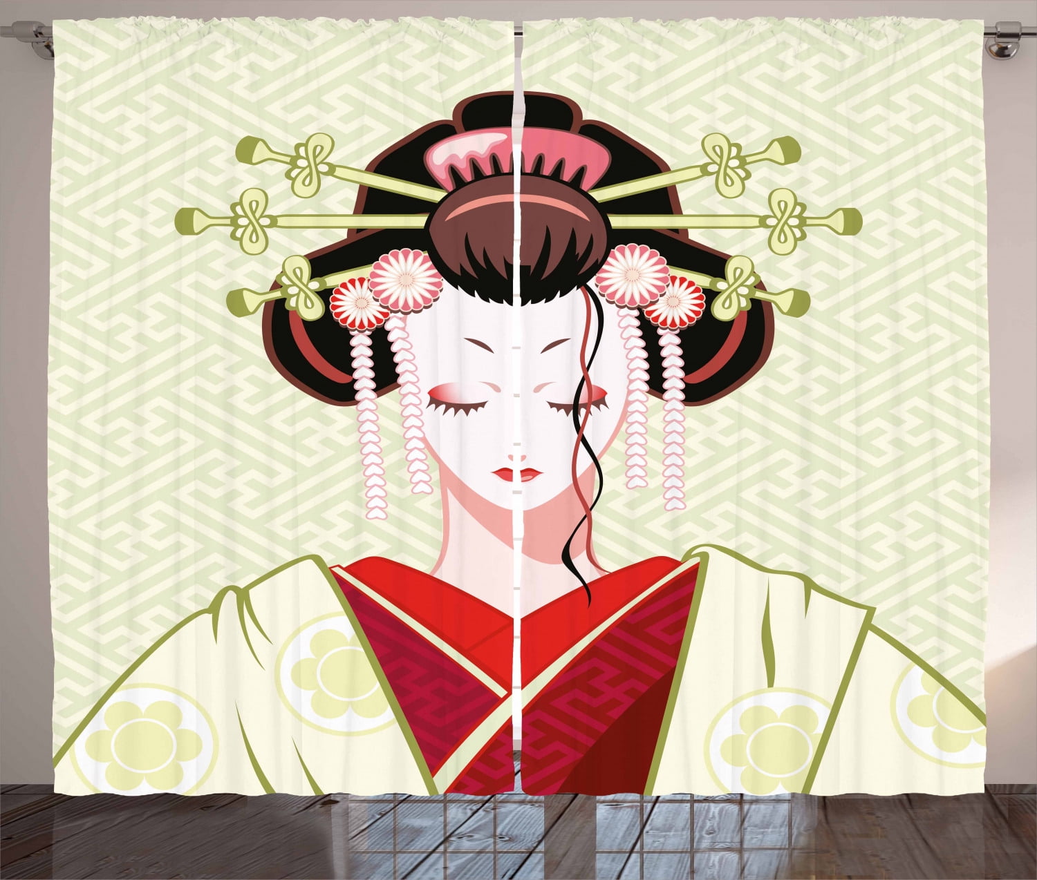 Ambesonne Japanese Curtains 2 Panel Set, Geisha Woman Portrait, 108" x ...