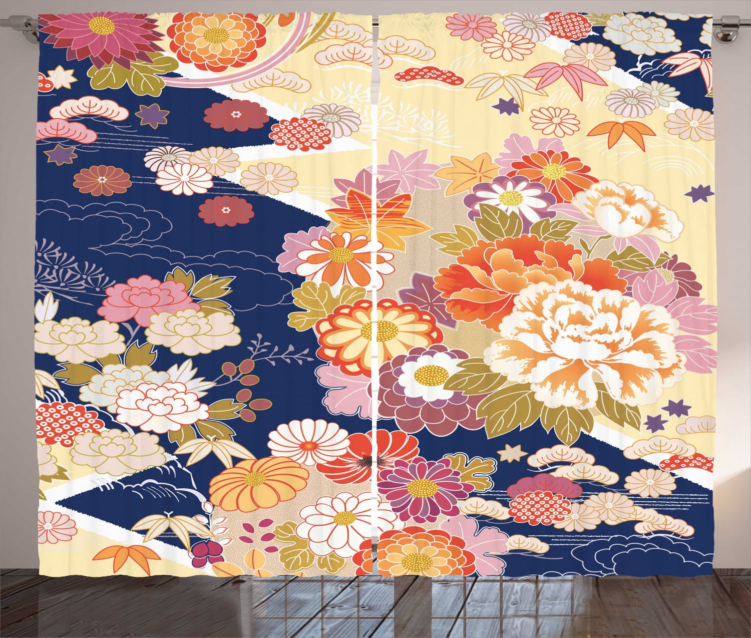 Ambesonne Japanese Curtains 2 Panel Set, Traditional Flowers, 108" x 63 ...